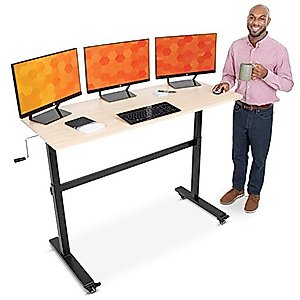 Stand Steady Tranzendesk | 55 Inch Standing Desk with Detachable Wheels | Crank Height Adjustable Sit to Stand Workstation | Modern Ergonomic Desk Supports 3 Monitors  (Maple)