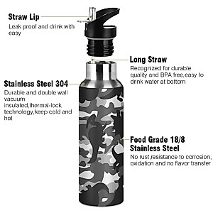 Black Camouflage and Dinosaurs Insulated Water Bottle with Straw, Stainless Steel BPA Free Water Flask Gym Sport, 20 oz Hot Cold