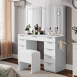 DWVO Wooden Makeup Vanity Desk Set with XL LED Mirror and Power Outlets, 11-Drawer Dressing Table with Storage Bench and Magnifying Glass for Bedroom, Pearl White