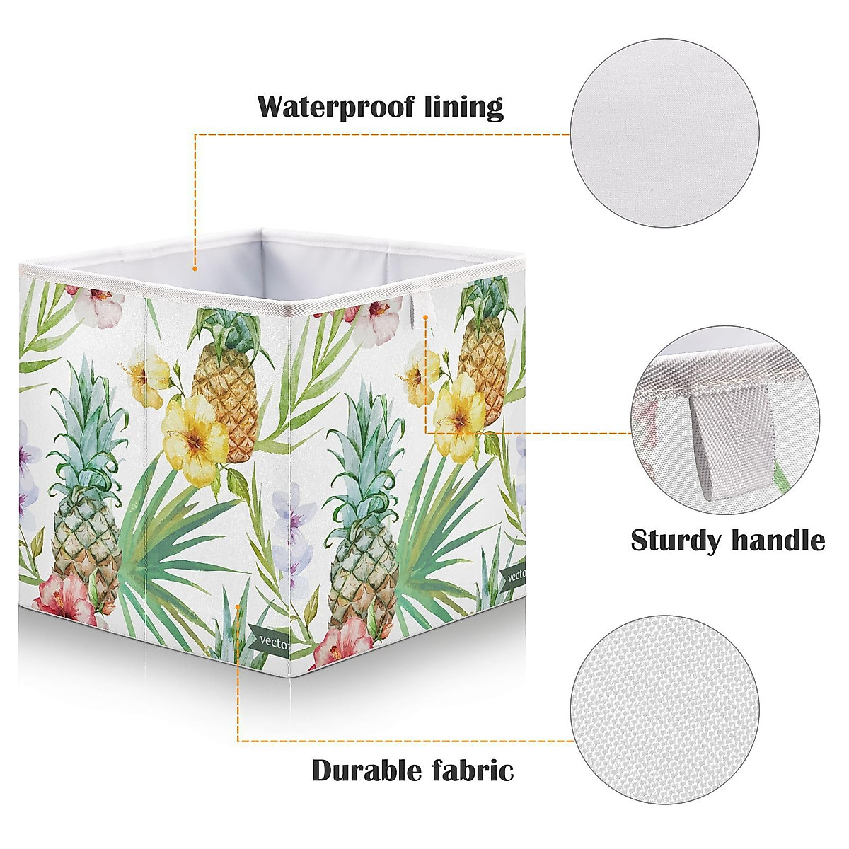Emelivor Pineapples Hibiscus Cube Storage Bin Fabric Storage Cubes Collapsible Foldable Storage Baskets Organizer Containers for Shelves Nursery Closer Bedroom Home,11 x 11inch