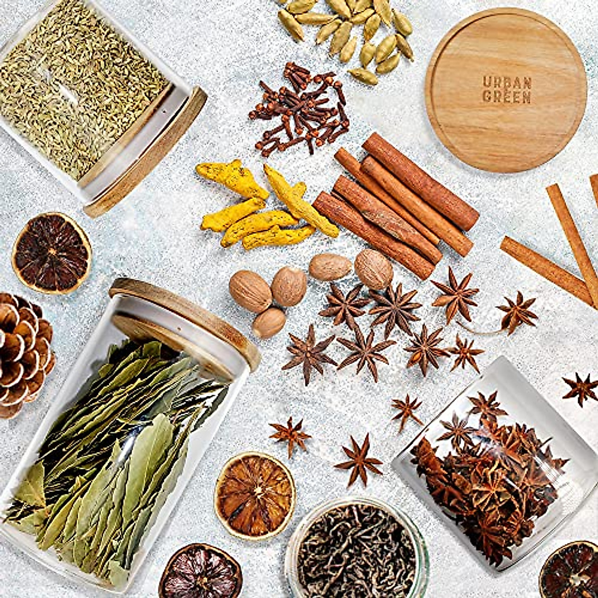 Urban Green Glass Jars with Wood Lids, Airtight Glass Canisters Sets, Glass Storage Containers, 6 Sets, Food Storage Containers, Glass Storage Jars with Lids, Glass Canisters, Panry Container Glass