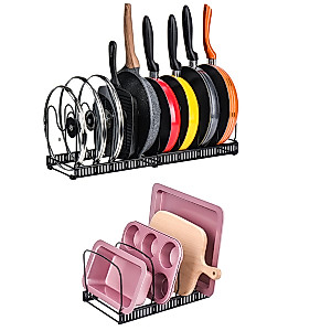 Toplife Adjustable 10+ Pans Organizer Rack + 7+ Lids Organizer Rack for Kitchen Cabinet and Counter, Black