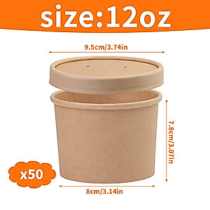 [50 Pack] 12 oz Paper Soup Cups with Lids, Disposable Kraft Paper Soup Bowls, Paper Soup Containers To Go, Ice Cream Containers For Dessert Yogurt Ice Cream