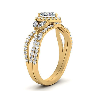 CaratYogi Heart Halo Bridal Ring Set 14k Yellow Gold Plated Created Cubic Zircon Heart shape White color Wedding Ring Sets pave Setting in Size 12 Minimal Surprise Gifts for Ladies