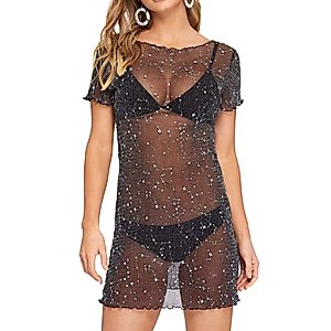 Floerns Women's Sheer Mesh See Through Glitter Swimsuit Cover Up Black L