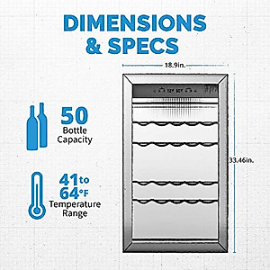 NewAir 20” Wine Refrigerator – 50 Bottle Wine Cooler, Single Zone Freestanding Wine Fridge in Stainless Steel, Wine Chiller with Adjustable Racks and Exterior Digital Thermostat for Kitchen and Bar