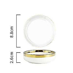 KeyChefLAB Porcelain Ceramic Dipping Sauce Dish Set, White/Emerald Green with Gold Trim Round Serving Saucer Bowl for Dip Side Soy Condiment (Set of 6) (White)