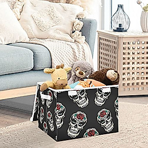 innewgogo Skull with Rose above Head Storage Bins with Lids for Organizing Cube Cubby with Handles Oxford Cloth Storage Cube Box for Toys