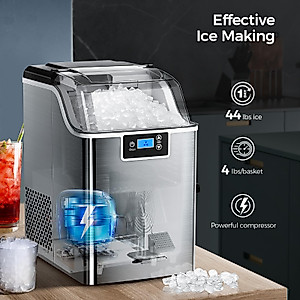 Nugget Countertop Ice Maker with Soft Chewable Pellet Ice, Self Cleaning,44lbs/Day,LED 24H Timer, with Ice Scoop and Ice Basket,Sonic ice for Home & Kitchen Bar Party,Stainless Steel Silver