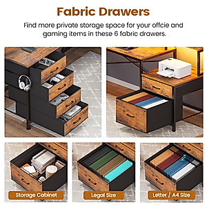 SEDETA L Shaped Desk with 6 Drawer, 108" Home Office Desk with File Drawer & Power Outlet, Corner Computer Desk with Monitor Shelf, Two Person Desk, Gaming Desk with Led Lights, Rustic Brown