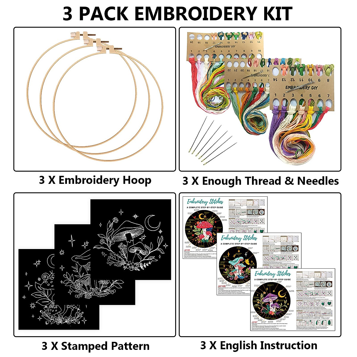 Nuberlic 3 Pack Embroidery Kit for Adults Beginners, Stamped Cross Stitch Mushroom Patterns with Hoop, Thread, Needles & Step-by-Step Guide Easy DIY Starter Kit