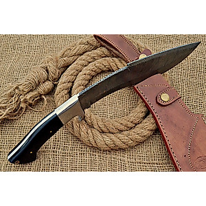 HUNTEX Handmade Hand-Forged Twist Pattern Damascus Steel 15 Inch Long Full Tang Natural Buffalo Horn Handle Razor Sharp Hunting Camping Kukri Knife w/Genuine Leather Sheath