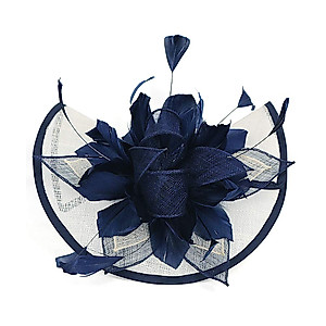 Z&X Navy Blue And White Fascinator Hat Sinamay Feather Floral Derby Hat For Women, Fascinator 1- Navy Blue+White, ONE SIZE