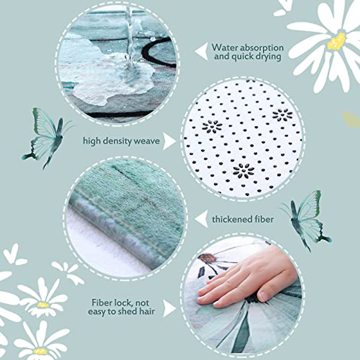 Moukeren 4 Pcs Teal Blue Daisy Butterfly Shower Curtain Set with Non Slip Rugs Toilet Lid Cover and Bath Mat Rustic Farmhouse Shower Curtain Turquoise Shower Curtain with Hooks Sets