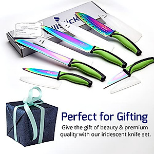 SiliSlick Kitchen Knife Set, Titanium Coated Stainless Steel Colorful Blades, Chef, Bread, Santoku Utility & Paring Knives, Magnetic Mounting Rack & Portable Sharpener