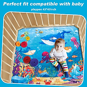 Baby Play Mat Non Slip Ocean Sea Animal Soft Foldable Washable Portable Playmat Sea Crawling Mat Baby Tummy Time Mat Floor Play Mats for Infants Toddler Playpen, 43 x 43 Inch