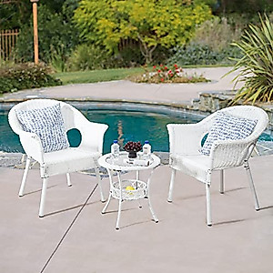 MeetLeisure Bistro Set 3 Pieces Outdoor Patio Furniture Set, Wicker Chairs Set of 2 with Outdoor Side Table, Outdoor Chairs for Patio Lawn Porch, White