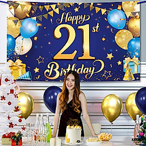 KatchOn, Blue and Gold Happy 21st Birthday Banner - XtraLarge, 72x44 Inch | 21st Birthday Decorations for Him Blue and Gold | Happy 21st Birthday Backdrop, Cheers to 21 Years Old Birthday Decorations