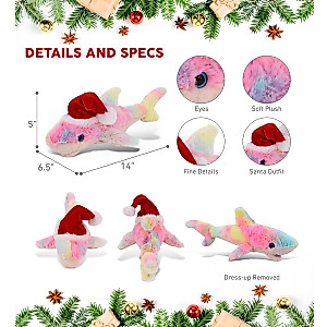 DolliBu Santa Rainbow Shark Stuffed Animal Plush Toy - Super Soft Wild Animal Dress Up with Red Santa Claus Hat, Cute Wildlife Gift, Perfect Holiday with Name Personalization - 14 Inch