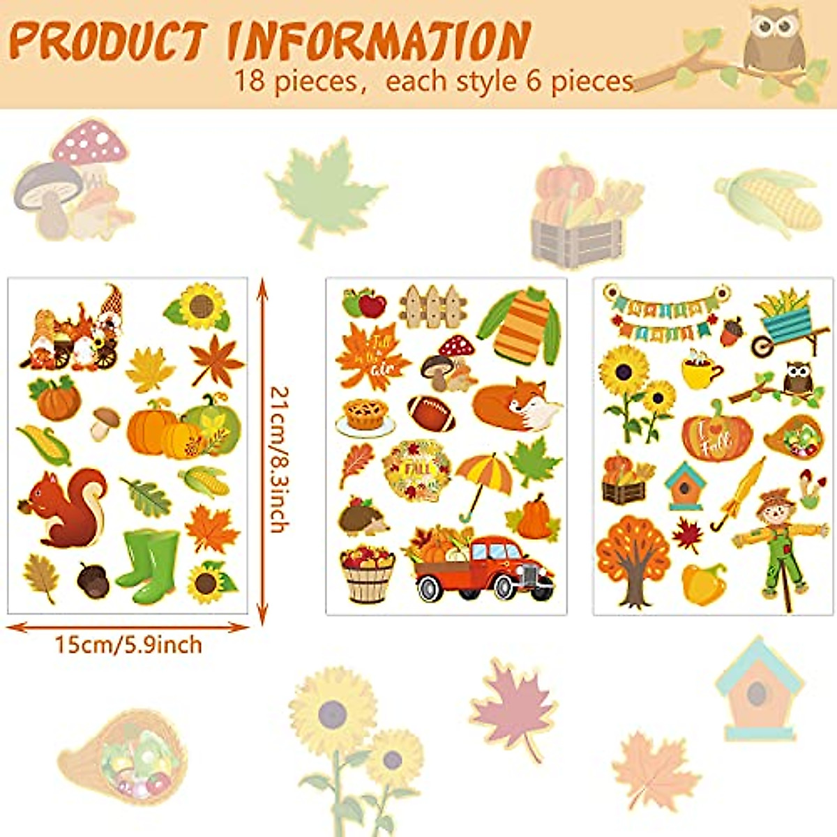 288 Pieces 48 Styles Fall Temporary Tattoos for Kids Autumn Temporary Tattoos Stickers Pumpkin Leaves Scarecrows Fake Tattoos Thanksgiving Tattoo Stickers for Children Theme Party Supplies