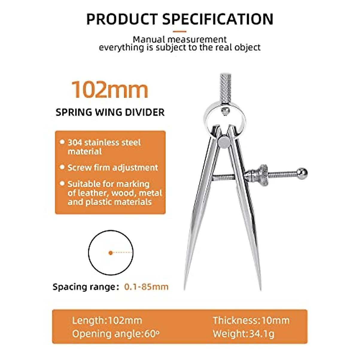 WUTA Spring Wing Divider 304 Stainless Steel Precision Scriber Caliper Tool Metal Dividers Adjustable Spacing Compass High Polished Round Leg for Drawing Circles, Leather Craft, Jewelry Design (Small)