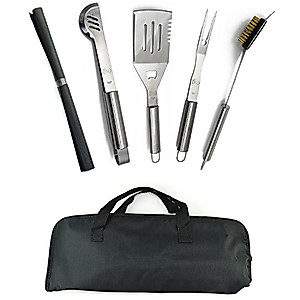 New Stainless Steel BBQ Grill Tools Set - 5 Piece Grilling Tool Accessories Barbecue Kit W/Carry Bag and Silicone BBQ Mat