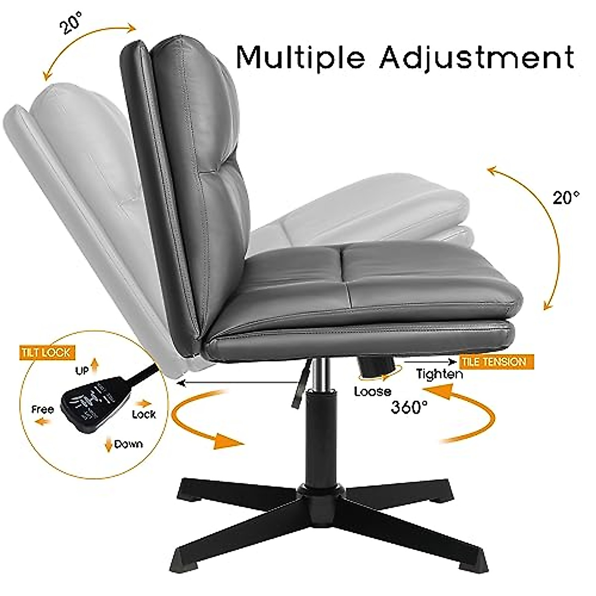 PUKAMI Armless Office Desk Chair No Wheels,PU Padded Modern Swivel Criss Cross Legged Chair,Height Adjustable Wide Seat Computer Task Chair for Home Office,Mid Back Accent Vanity Chair (Grey)