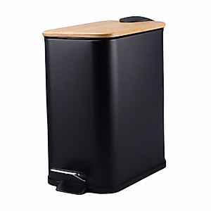 Step Trash Can with Bamboo Lid Kitchen Wastebasket Rubbish Container Modern Foot Pedal Garbage Bin for Sunroom Entryway Home, Black