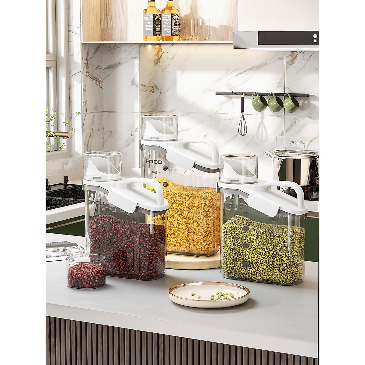 Total 2 items Cereal Containers Storage,Each2.5L Airtight Large Dry Food Storage .1 Blue 1 White.with Measuring Cup，BPA Free Plastic Dispenser，Suitable for Storing Grains Flour and Various Foods.