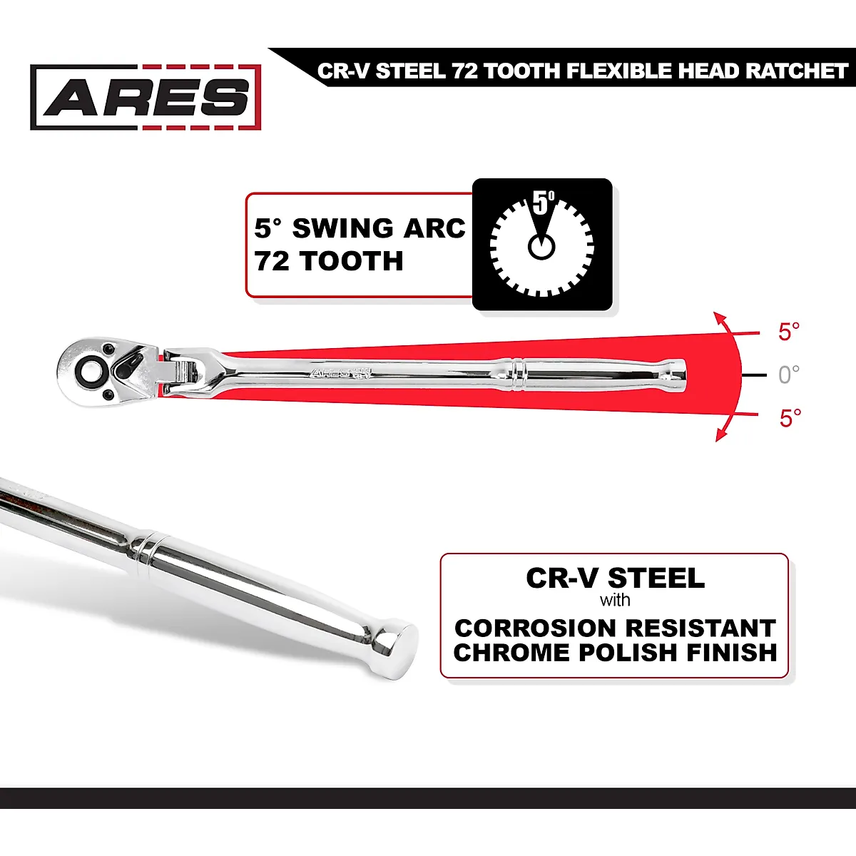 ARES 42026 - Flex Head Ratchet - 3/8-inch Drive 72-Tooth Ratchet - Premium Chrome Vanadium Steel Construction & Chrome Plated Finish - 72-Tooth Quick Release Reversible Design with 5 Degree Swing