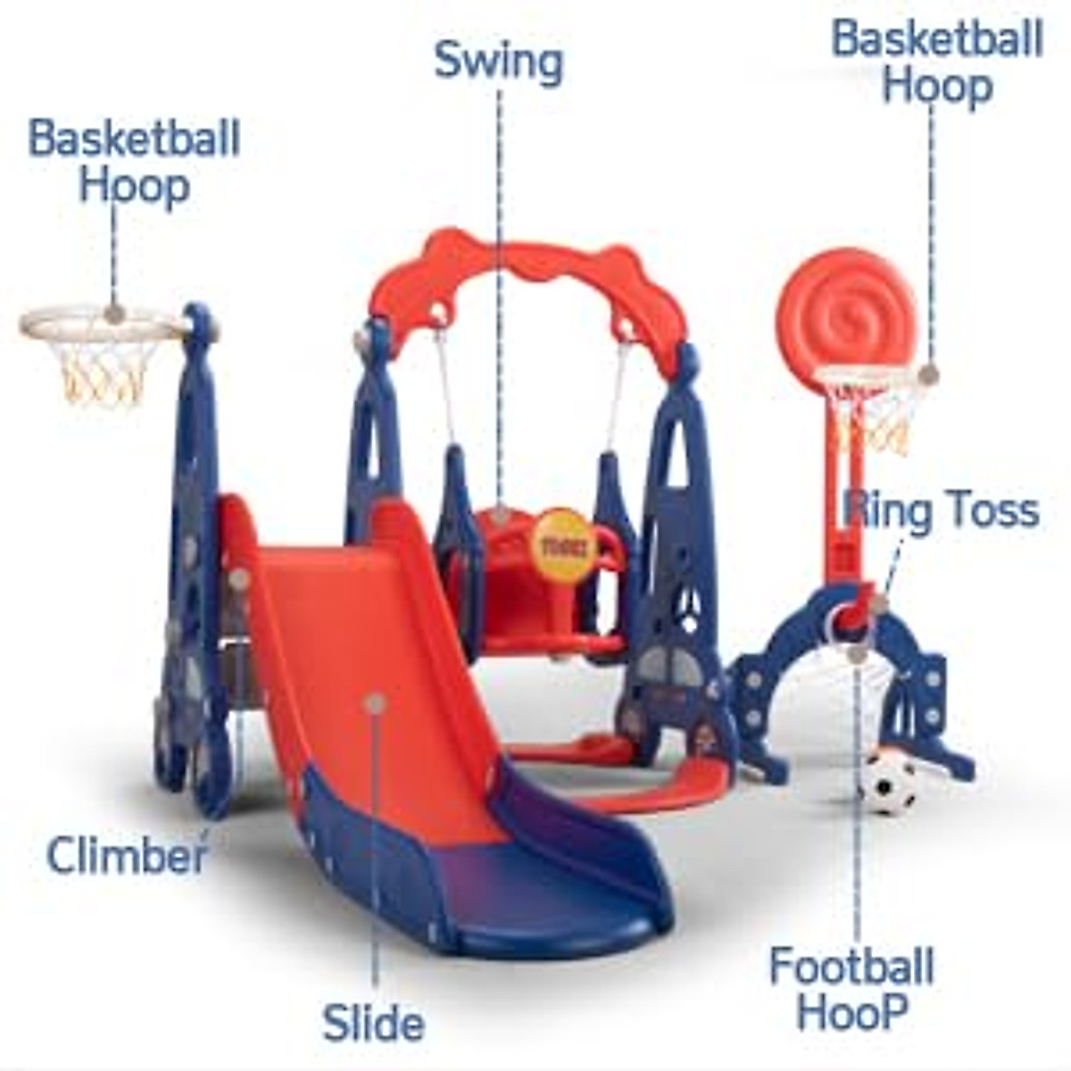 NYEEKOY 5 in 1 Toddler Slide and Swing Playset Indoor Outdoor Kids Slide for Toddler Age 1-8, Toddler Playground with Basketball Hoop and Long Slide, Backyards Silde Sets for Baby