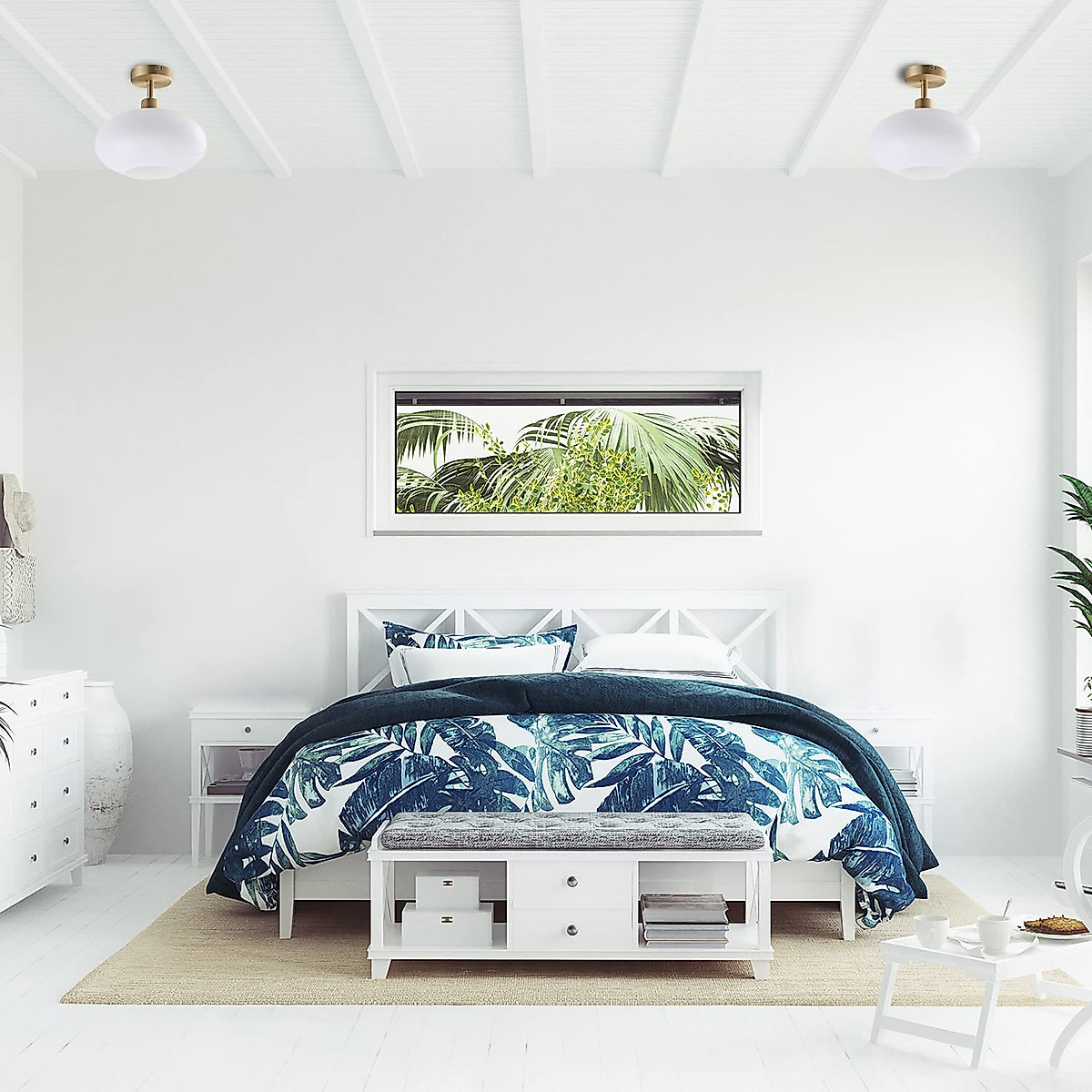 NW Archiology Semi Flush Mount, Modern Ceiling Light with Opaline Glass Shade&Brass Metal Base Layer, Light Fixture for Dining Room, Bedroom, Cafe, Bar, Hallway, Passway