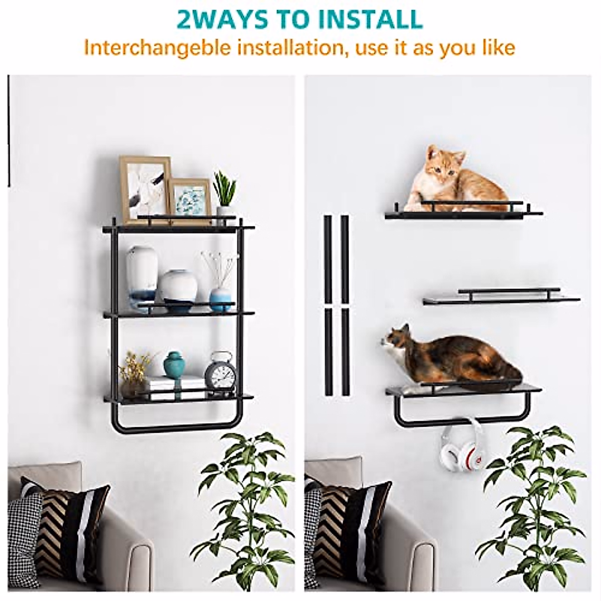 FEILERN Metal Floating Shelves Wall Mounted with Frame and Towel Rack for Bathroom, Living Room, Bedroom, Kitchen (3 Tier, Black)