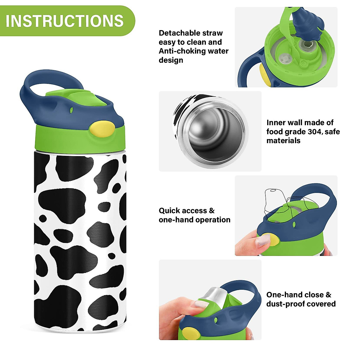 Black & White Cow Print Kids Water Bottle, BPA-Free Vacuum Insulated Stainless Steel Water Bottle with Straw Lid Double Walled Leakproof Flask for Girls Boys Toddlers, 12Oz