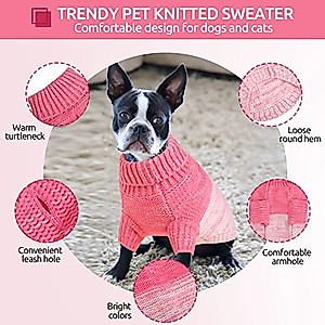Queenmore Knitted Pullover Dog Sweater, Turtleneck Pet Cat Sweater, Cold Weather Puppy Clothes Stitching Knitwear with Leash Hole for Small Medium Dogs（Pink,L）