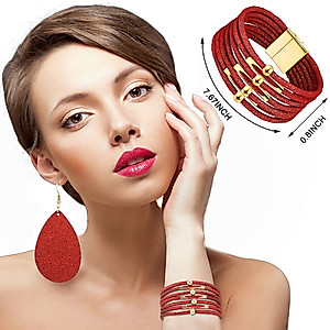 Hicarer 3 Pieces Leopard Earrings Bracelets Women Jewelry Bohemia Earrings Necklace Cheetah Set Multilayer Leather Cuff Boho for Large Wrists Cosplay Party Costume Accessories(Red Glitter Style)