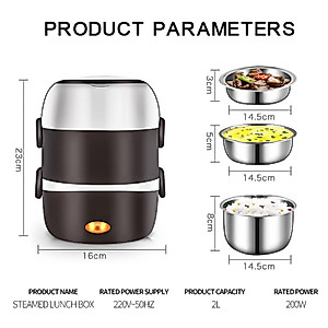 3 Layers Electric Warmer Lunch Box Food Heater Portable Bento Rice Cooker Office Lunch Containers Warming Home Food Grade Material Steamer with Stainless Steel Bowls, Egg Steaming Rack -Brown