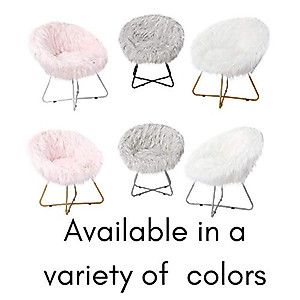 BIRDROCK HOME Grey Faux Fur Papasan Chair with Black Legs - Kids Bedroom Moon Chair - Comfy Wide Cushion Seat - Living Room Saucer - Metal - Fluffy Round Seat - Circle