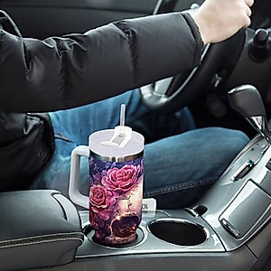 Slewiaeky Tumbler with Handle 40 oz Kawaii Goth Skull Rose Travel Mug with Lid and Straw Stainless Steel Vacuum Insulated Water Bottle Cup for Iced Tea Coffee Cold Beverages Cup Holder Friendly