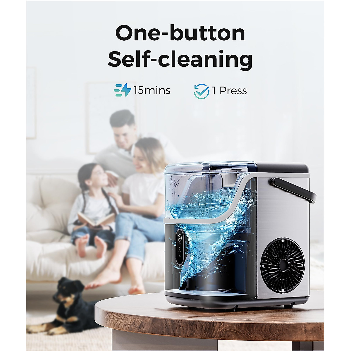 ecozy Smart Nugget Ice Maker Countertop, Pebble Ice Maker with 35lbs/24H Soft Chewable Ice, Self-Cleaning Ice Machine with Voice Control for Home Kitchen Party Bar Office, Stainless Steel