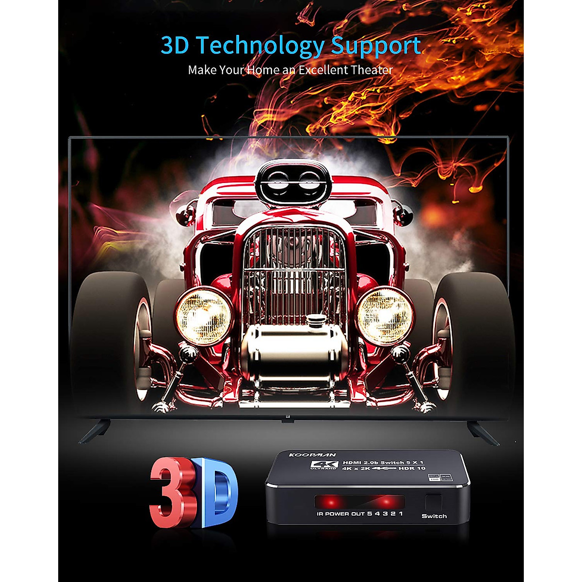 4K HDR HDMI Switch, Koopman 5 Ports 4K 60Hz HDMI 2.0 Switcher Selector with IR Remote, Supports Ultra HD Dolby Vision, High Speed (Max to 18.5Gbps), HDR10, HDCP 2.2 & 3D