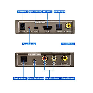 Tohilkel 192KHz Multi Function Audio Converter, HDMI ARC or Toslink (Optical,SPDIF) or Coaxial to 3.5 mm Jack Stereo R/L Toslink (Optical,SPDIF) Coaxial, Support Multi Ports Output Simultaneously