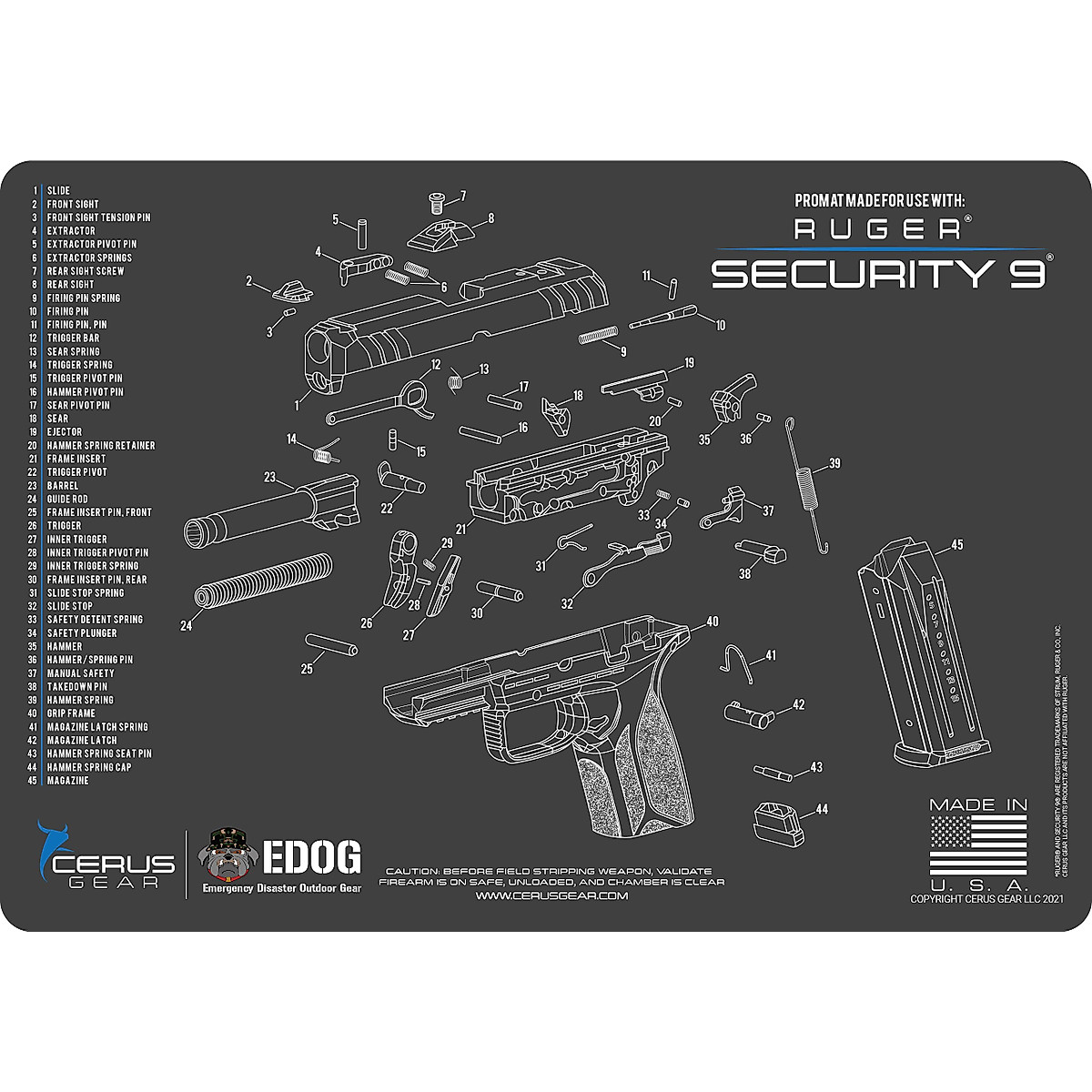 EDOG USA SEC9 Gun Cleaning Mat - Schematic (Exploded View) Diagram Compatible For Ruger Security 9 Series Pistol 3 mm Padded Pad Protect Your Firearm Magazines Bench Surfaces Gun Oil Solvent Resistant