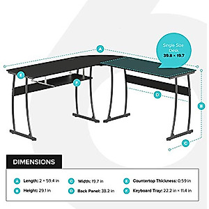 RIF6 L-Shaped Computer Desk - 59.4" Home Office Corner Desk with Adjustable Keyboard Tray - Durable Black Surface Study Table for PC Laptop Gaming and Writing - with Sturdy Adjustable Steel Legs