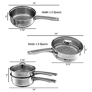 6 Cup Double Boiler Pot Set – 1.5 Quart Stainless-Steel Saucepan 2-in-1 with Vented Glass Lid – Kitchen Cookware with Measurements by Classic Cuisine