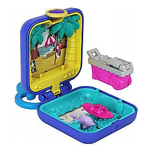 Polly Pocket Shani Tropical Beach Compact with Mobile Ice Cream Cart, Surfboard, Dolphin Figure, Photo Customization, Micro Shani Doll & Sticker Sheet; for Ages 4 Years Old & Up
