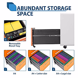 Superday Metal File Cabinet with Wheels and Keys, 3 Drawer Filing Cabinet Pre-Assembled, Mobile Under Desk Storage Cabinet for A4/Letter/Legal, Orange