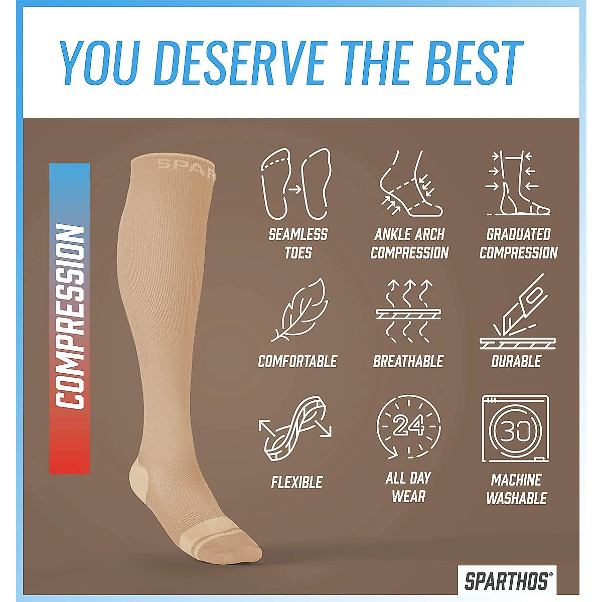 Sparthos Compression Socks (20-30mmHg) - Knee High Sock for Sport, Running, Travel, Medical Support, Pregnancy, Nursing - Calf Long Athletic Compressions Gear Sleeve - for Men and Women (Beige-SM)