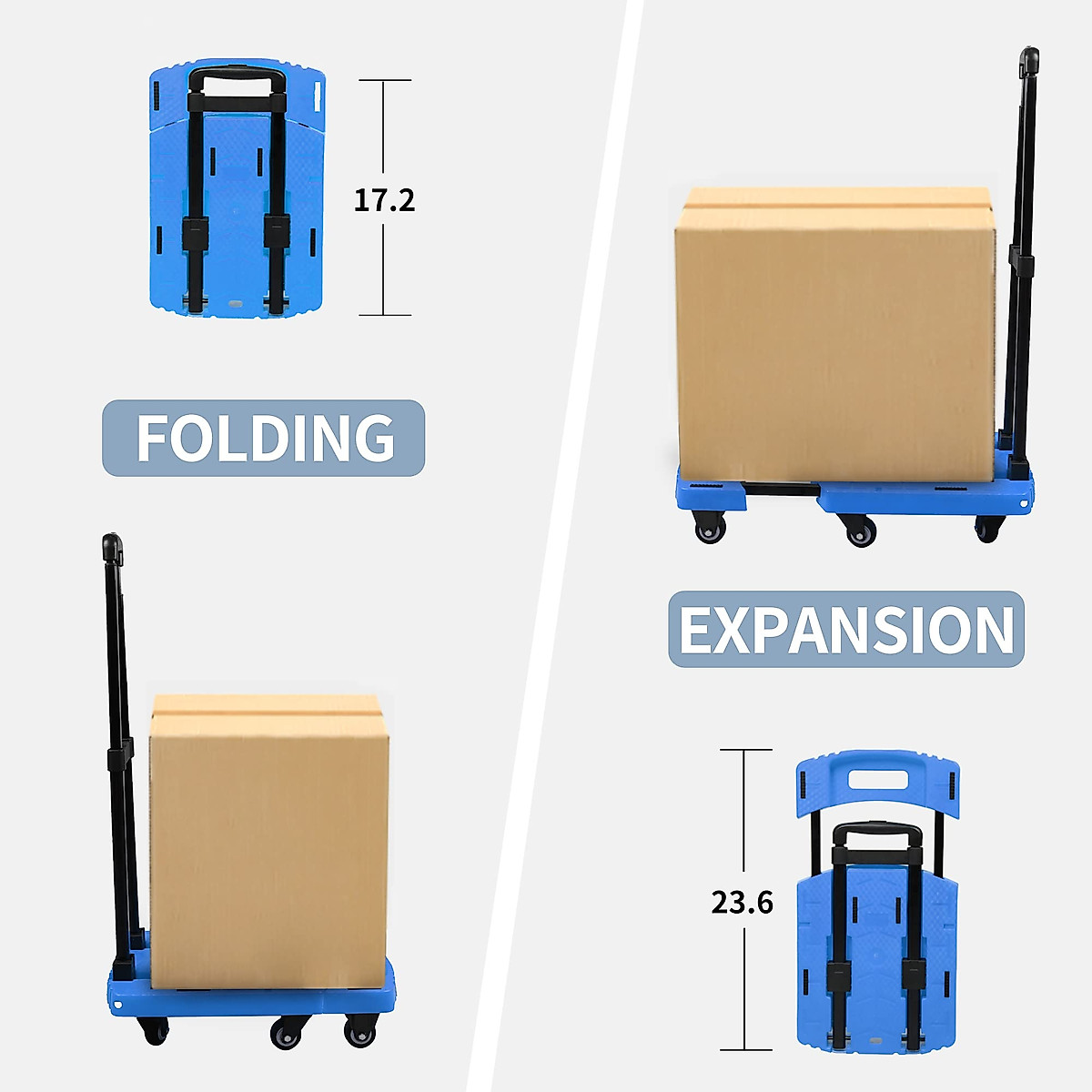 440 lb Folding Hand Truck, Heavy Duty Utility Dolly Platform Cart with Anti-Skid Strip, Luggage Cart with 6 Wheels, Blue