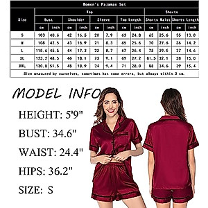 SWOMOG Summer Silk Pajamas for Women Satin Pjs Two Piece Soft Lace Lounge Shorts Button Down Pj Short Sleepwear Loungewear Wine Red